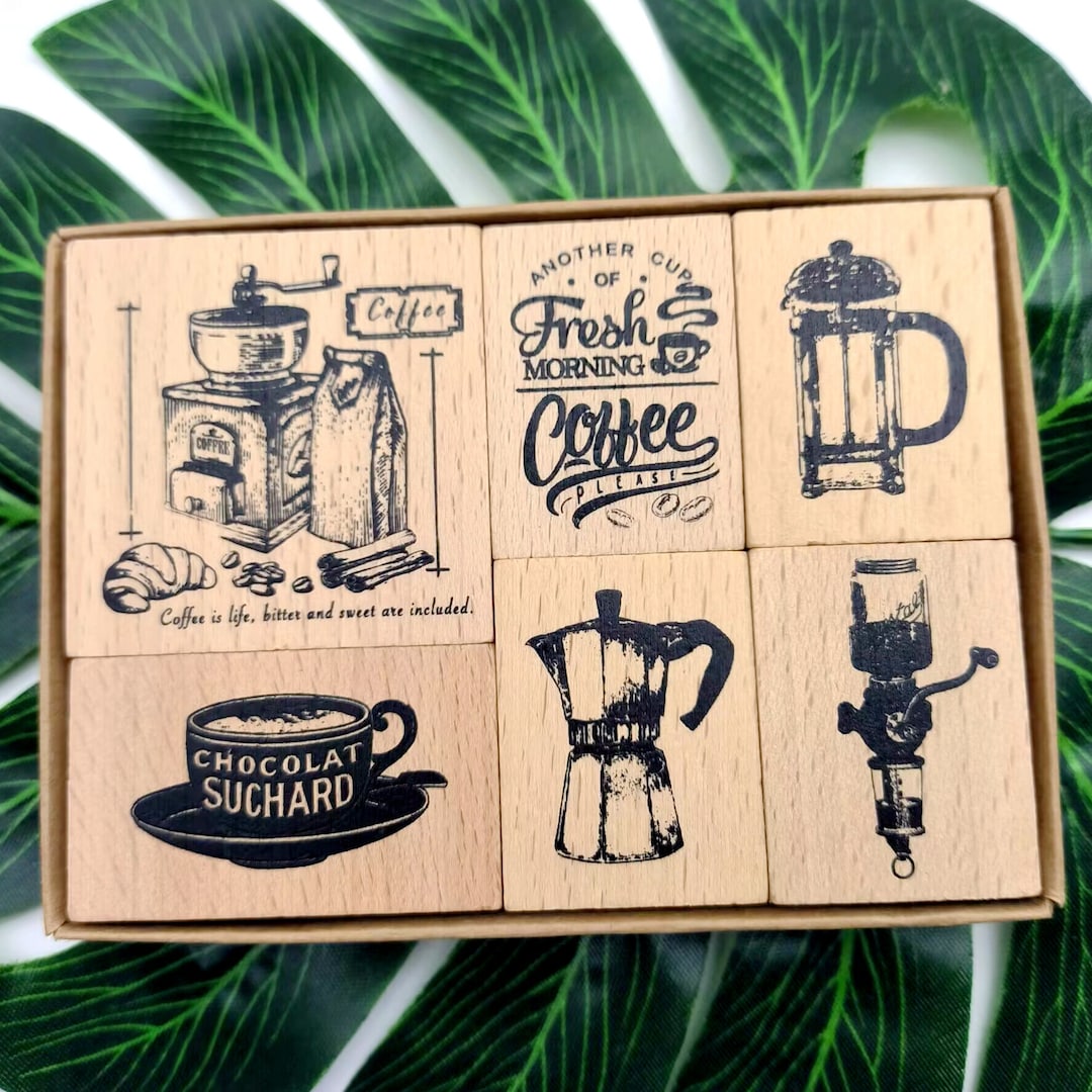 Coffee Theme Rubber Stamp Set of 6 Pcs Retro Wooden Rubber Stamps for ...