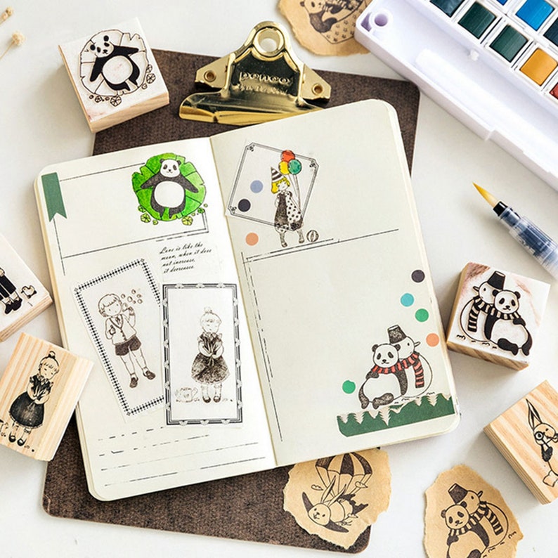 Animals Wood Rubber Stamp Panda Rabbit Bunny Stamp Diary Card | Etsy