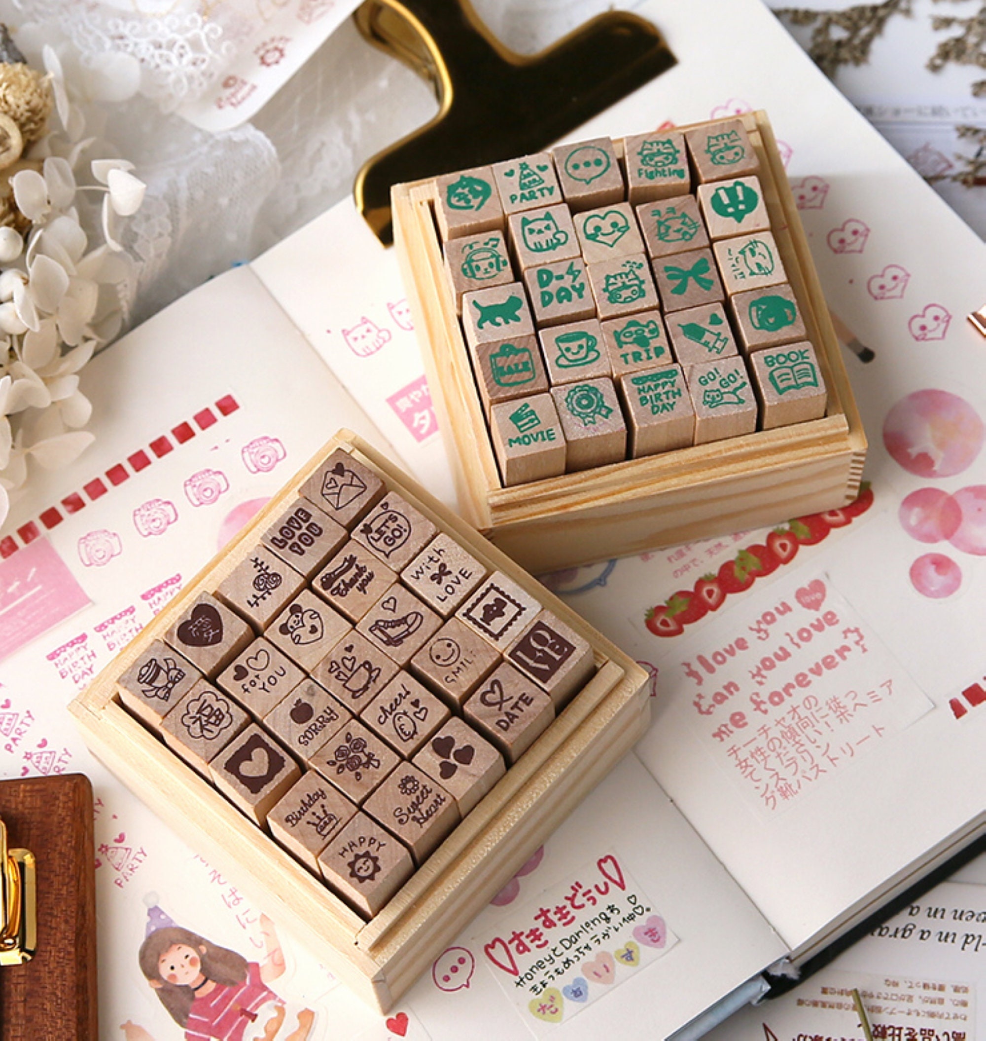 2 Boxes 50pcs Diary Stamp Set With Wooden Box Planner Bullet - Etsy