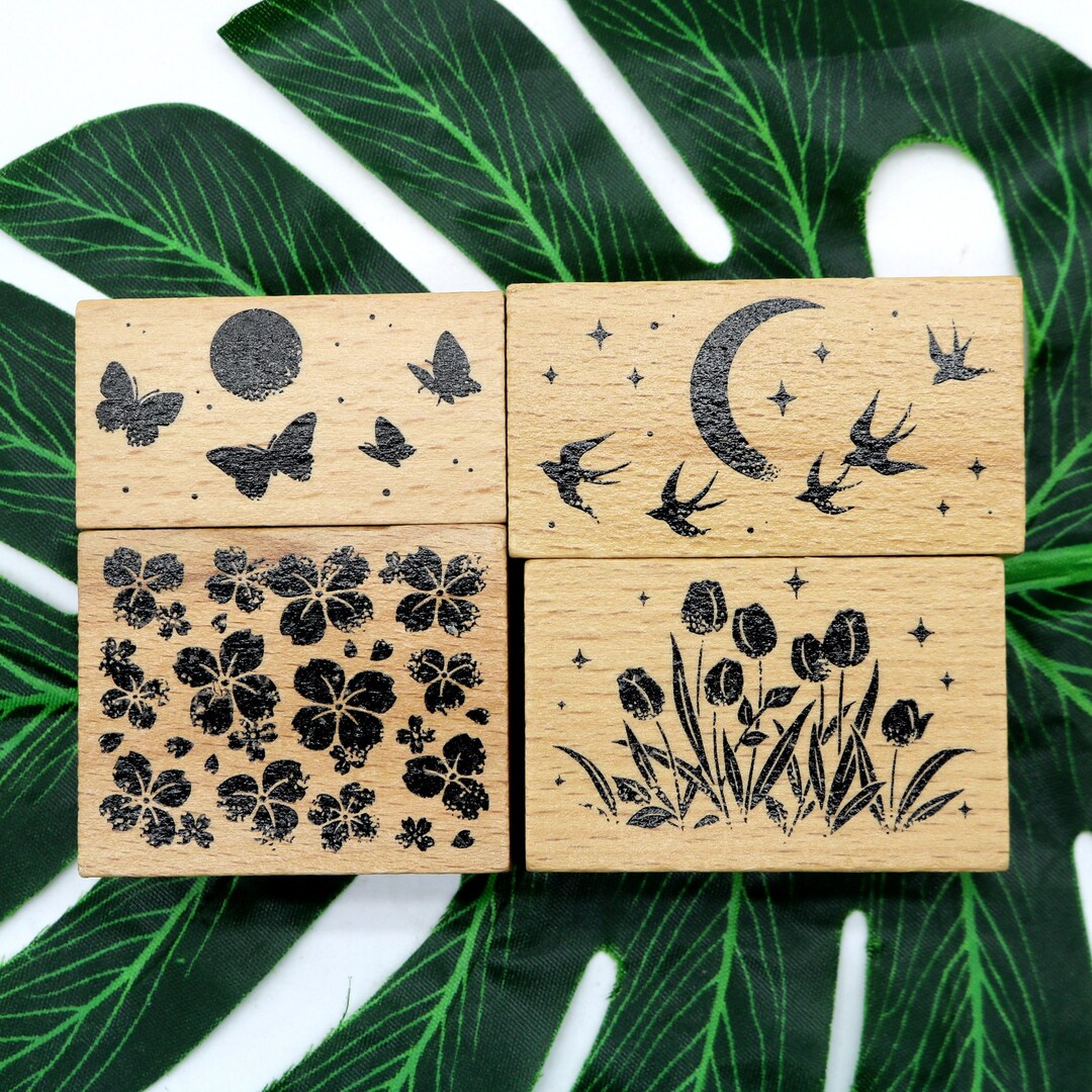 Wood Rubber Stamp: Butterfly, Birds, Flowers, Tulips Card Making ...