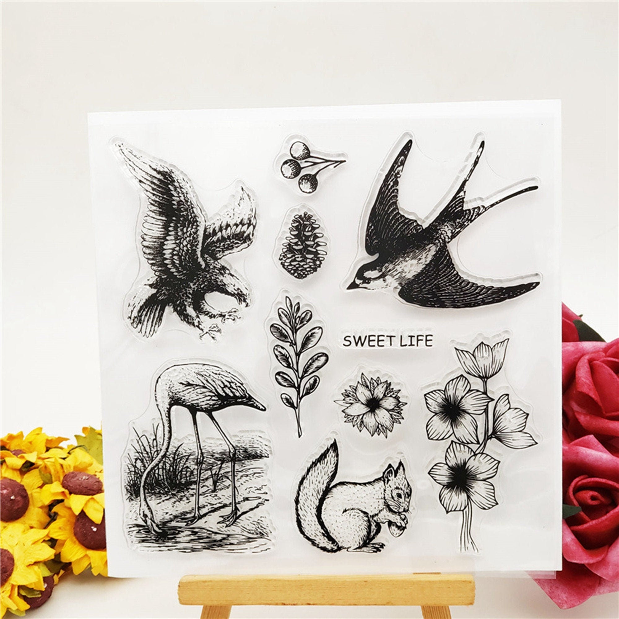 Floral stamp,card stamp animal stamps clear stamps Squirrel stamp ...
