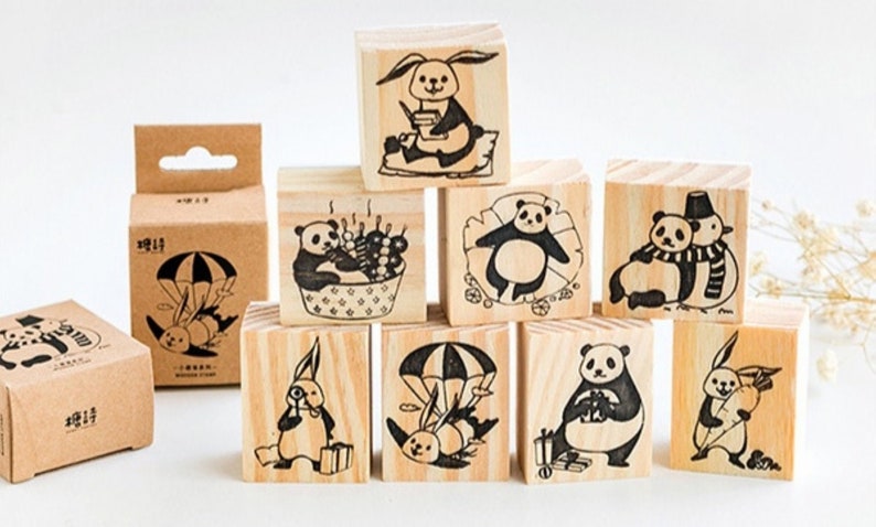 Animals Wood Rubber Stamp Panda Rabbit Bunny Stamp Diary Card | Etsy