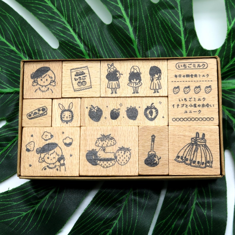 Wooden Rubber Stamp Set: Bunny, Bear, Strawberry - Planner Stamps - Etsy