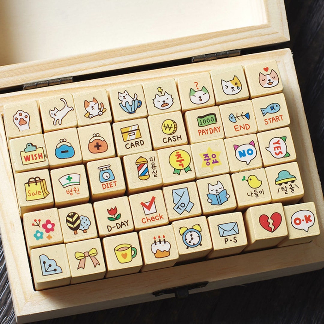 Diary Planner Stamp Set With Wooden Box Cat Emoji Stamps - Etsy