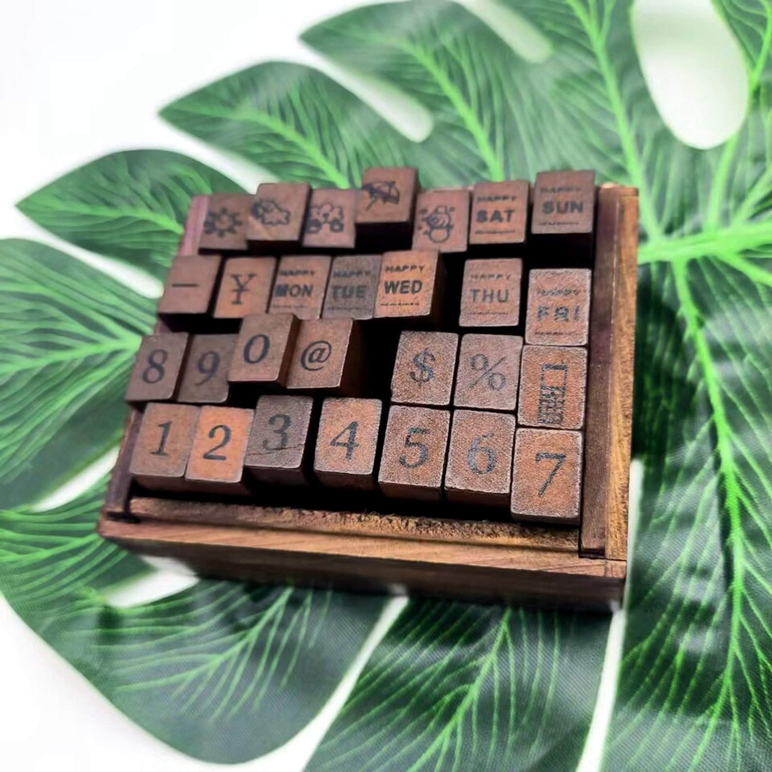 Number, Week, Weather Stamps Set With Wooden Box Date Currency Symbols ...