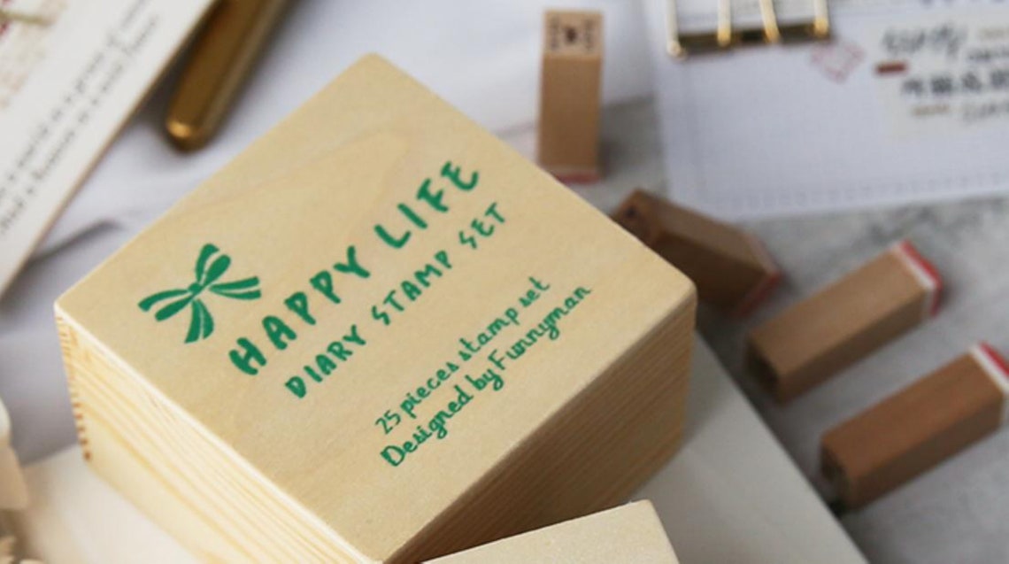 Happy Life Diary Stamp Set With Wooden Box Planner Rubber - Etsy