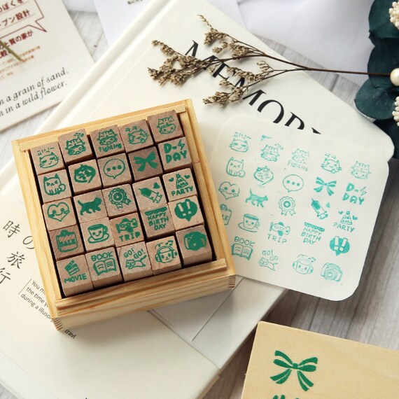 Happy Life Diary Stamp Set With Wooden Box Planner Rubber | Etsy