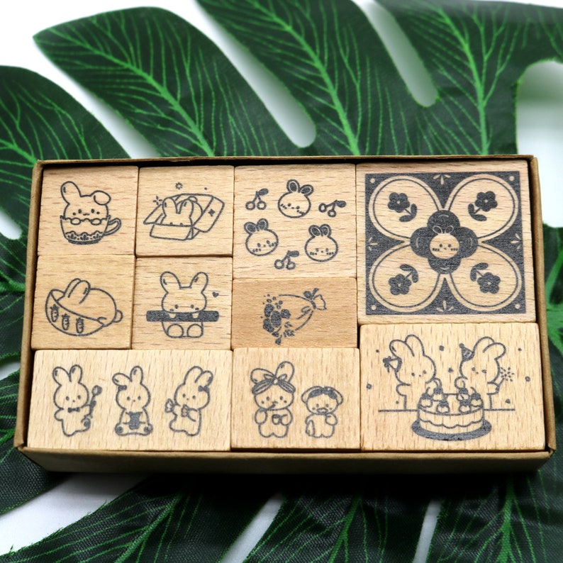 Wooden Rubber Stamp Set: Bunny, Bear, Strawberry - Planner Stamps - Etsy