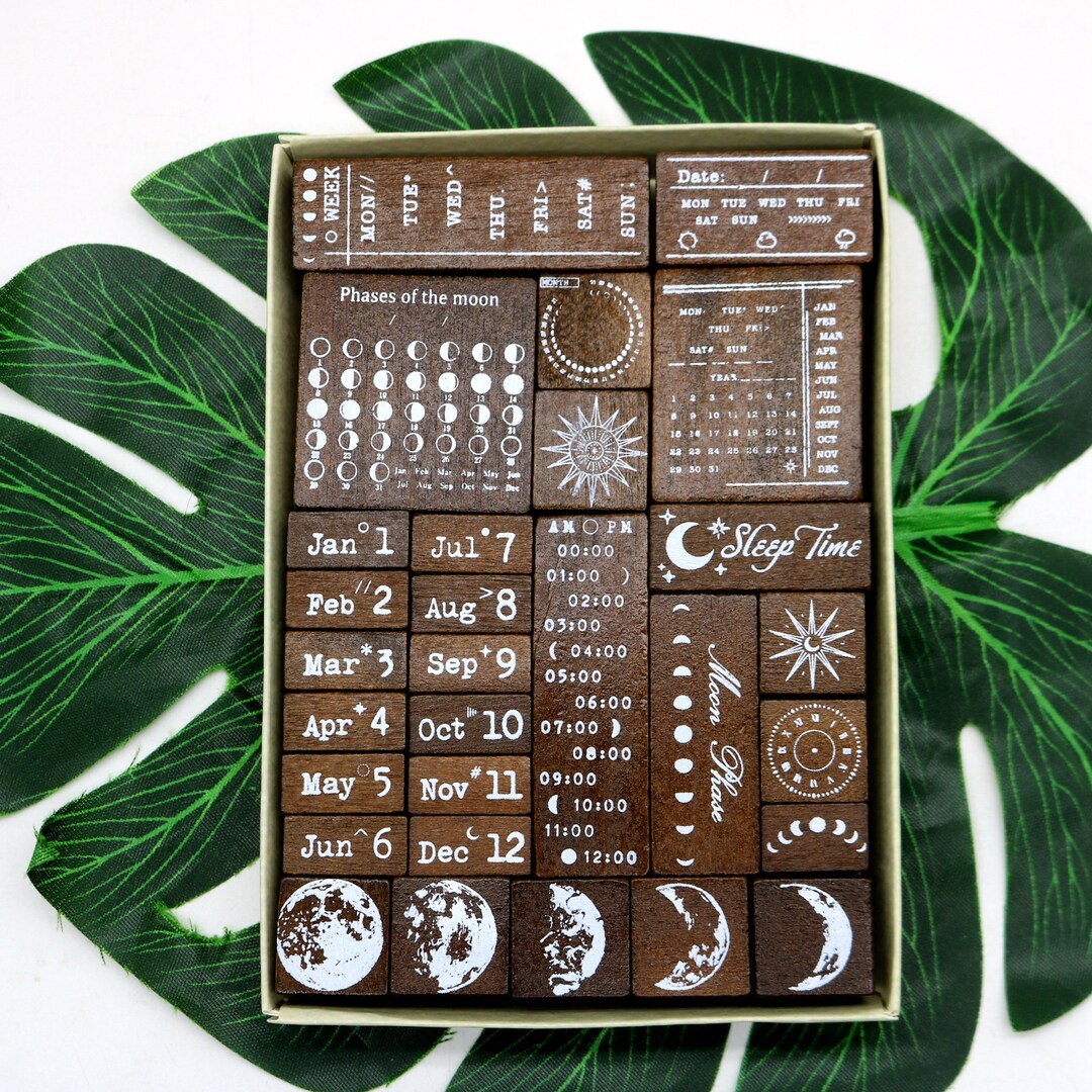Moon Phase Month Weekly Time Axis Stamp Set of 29pcs Wood Rubber Stamps ...