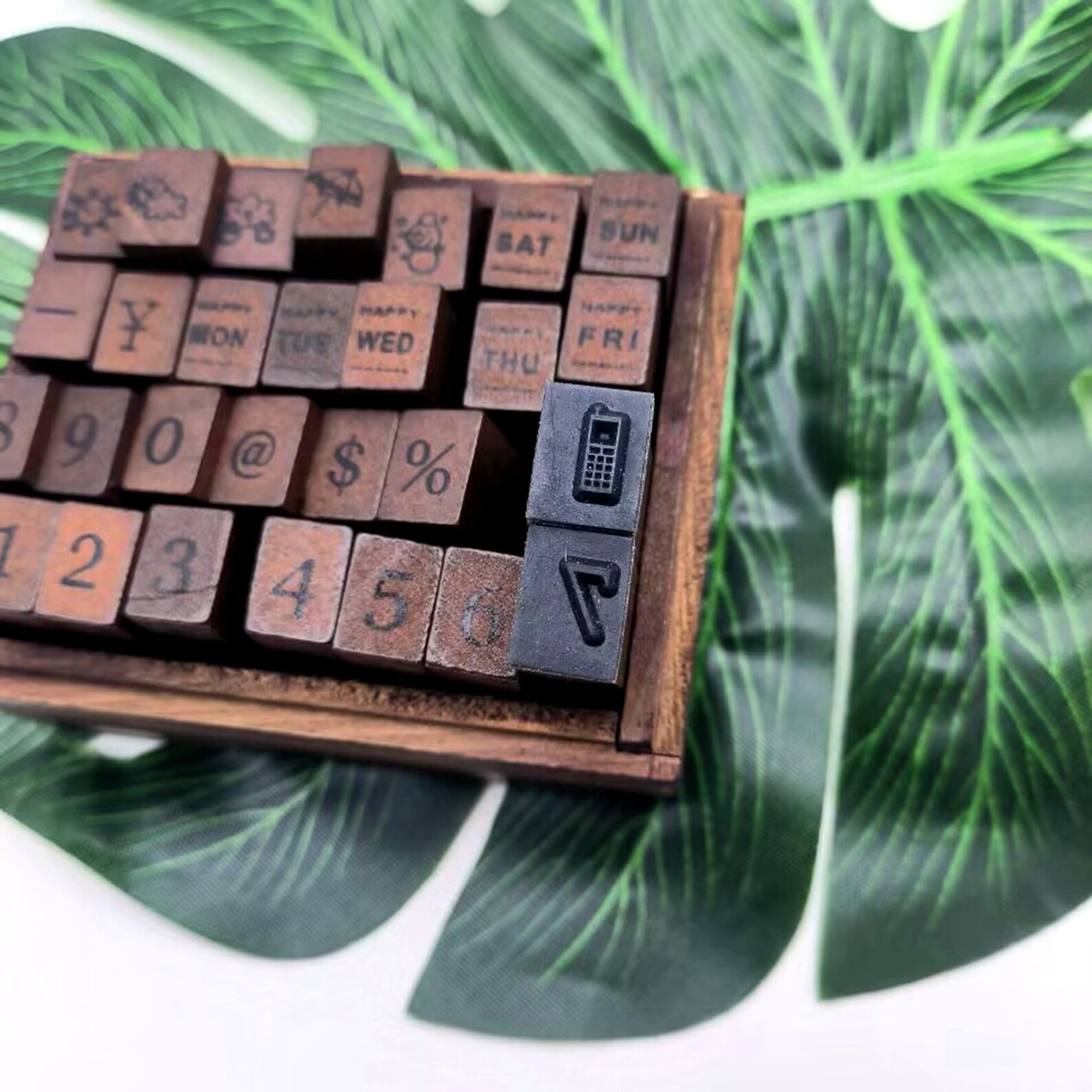 Number, Week, Weather Stamps Set With Wooden Box Date Currency Symbols ...