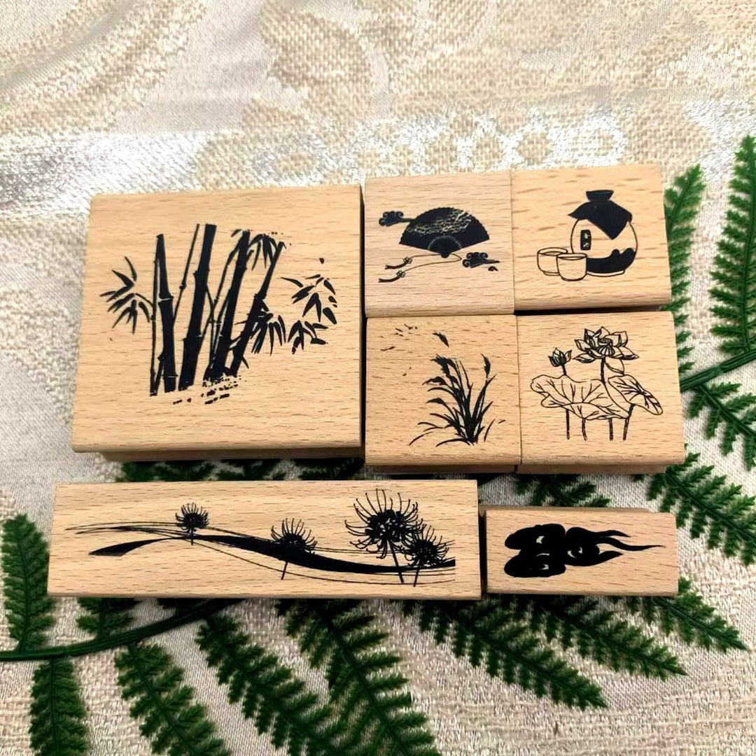 Retro Chinese Rubber Stamp: Bamboo, Lotus, Fan Designs - Etsy