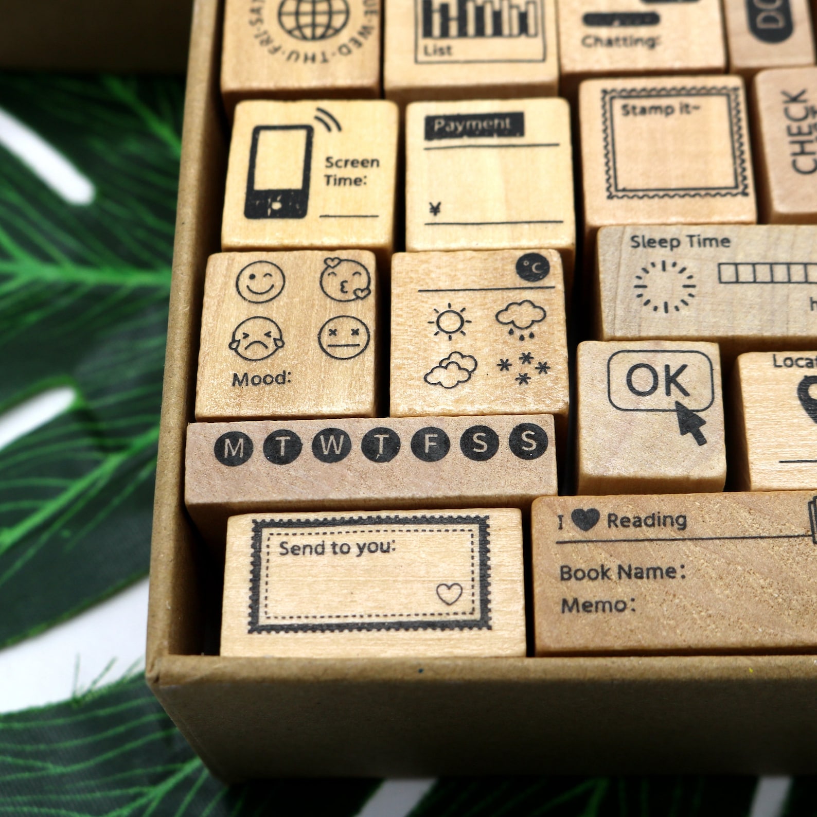 Journal Stamp Set of 19pcs Emoji Weather Week Check List Clock in Wood ...
