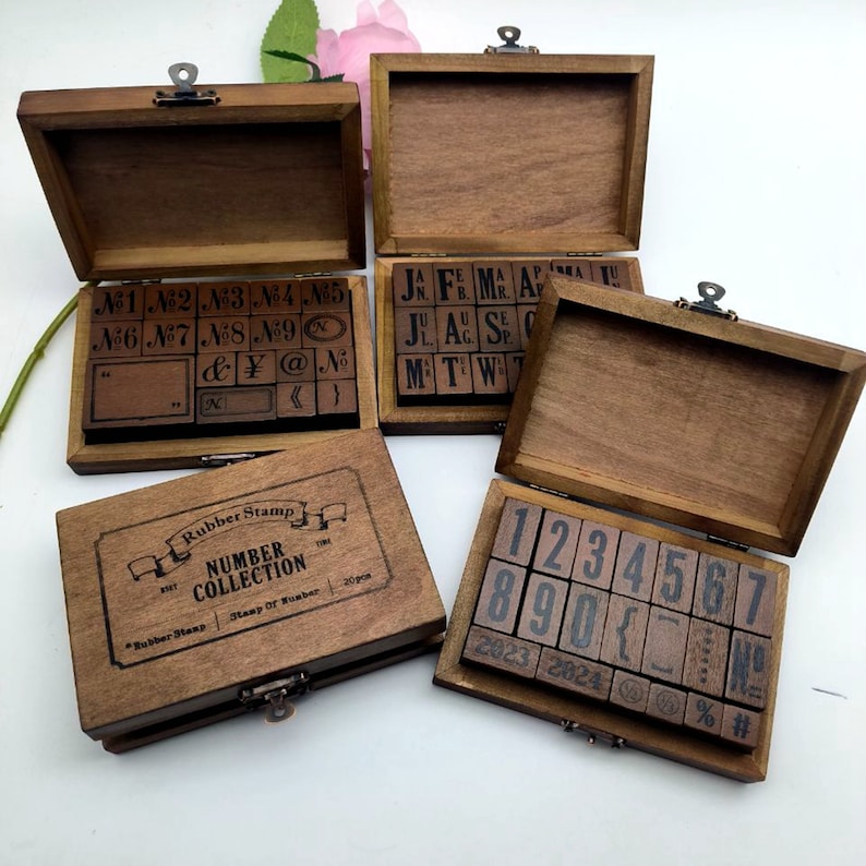 Monthly Plan Rubber Stamp Set: Wooden Box, Numbers, Alphabets, Card ...