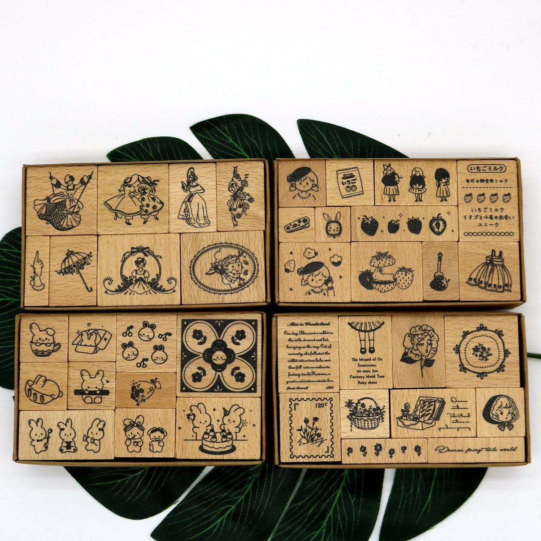 Wooden Rubber Stamp Set: Bunny, Bear, Strawberry - Planner Stamps - Etsy
