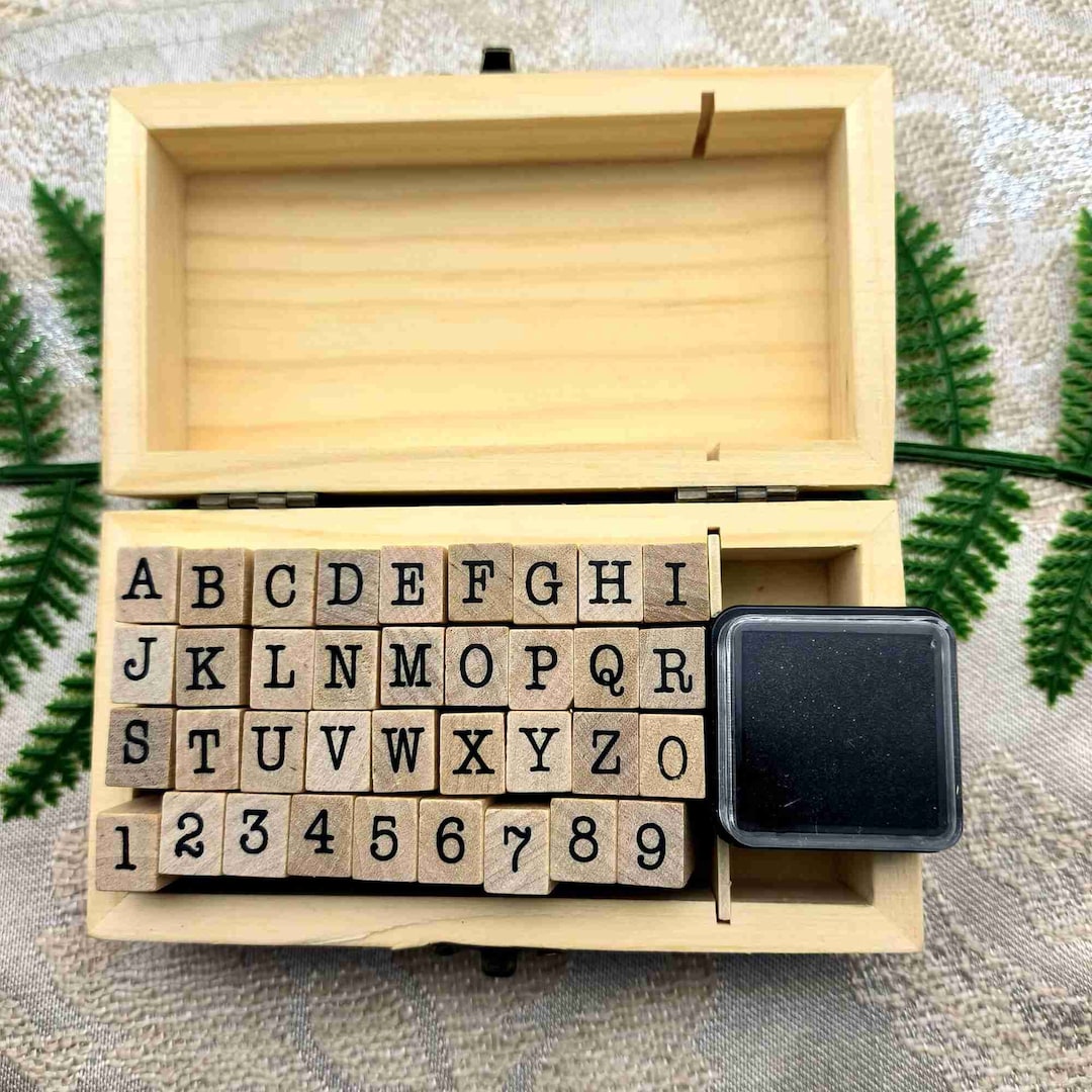 Alphabet Wood Rubber Stamps Set With Box Black Ink Pad Letter Number ...