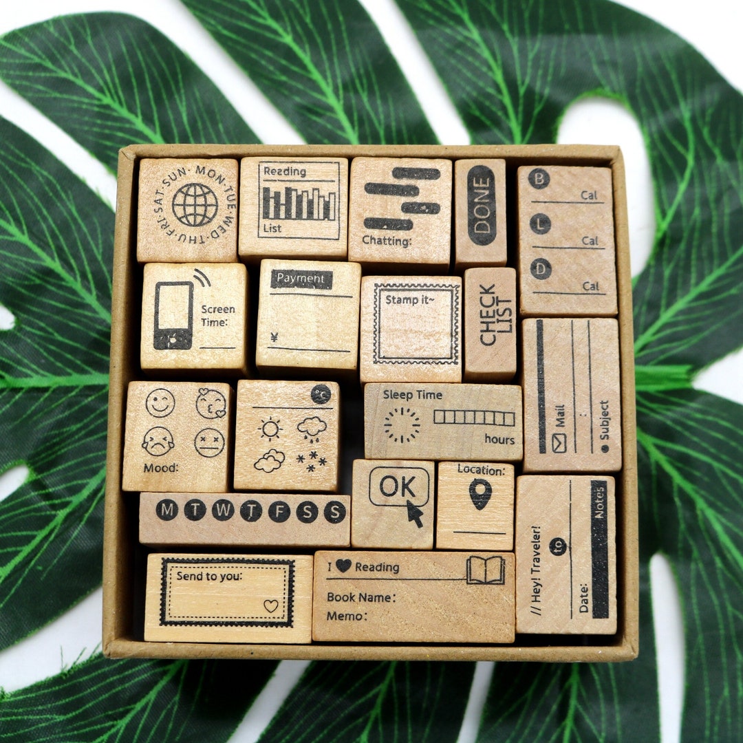 Journal Stamp Set of 19pcs Emoji Weather Week Check List Clock in Wood ...