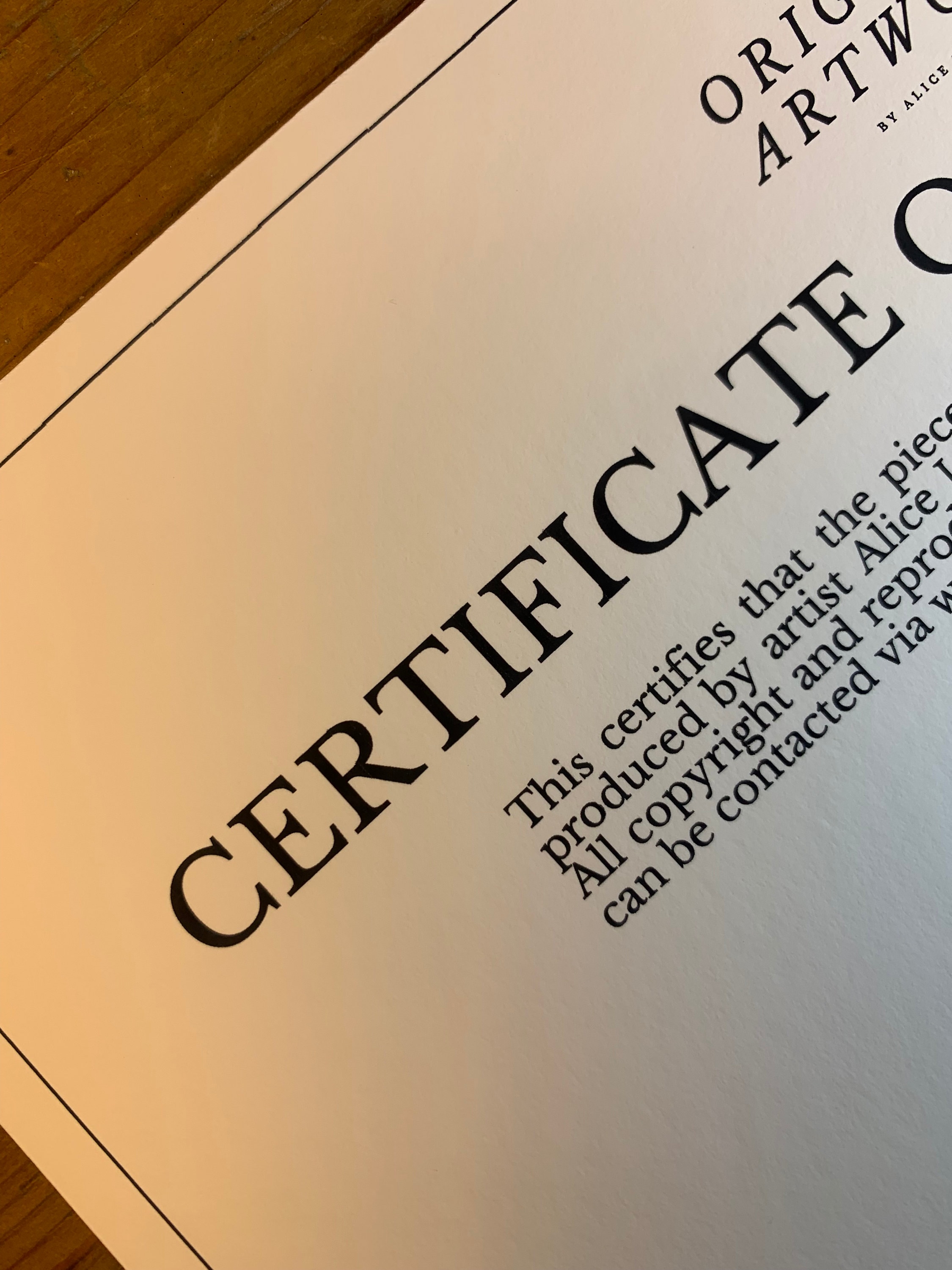 Certificate of Authenticity, Original Art Limited Editions ...