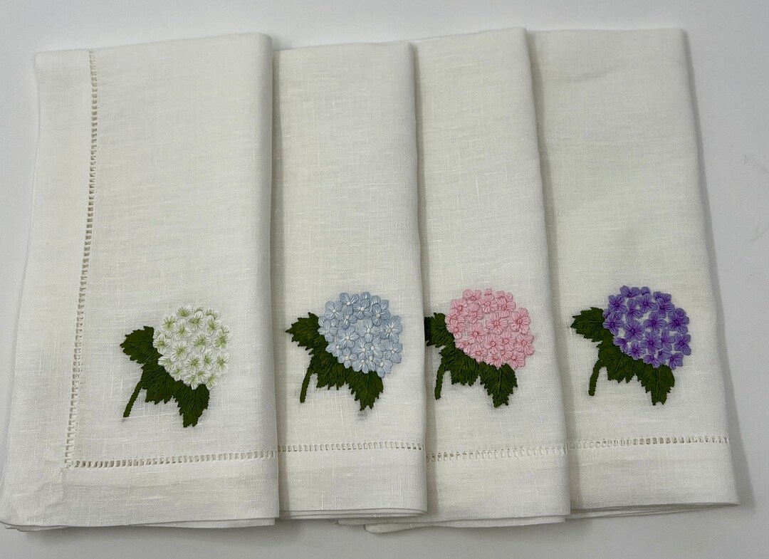 White Linen Hydrangeas Hand Embroidered Napkins - White, Light Blue ...