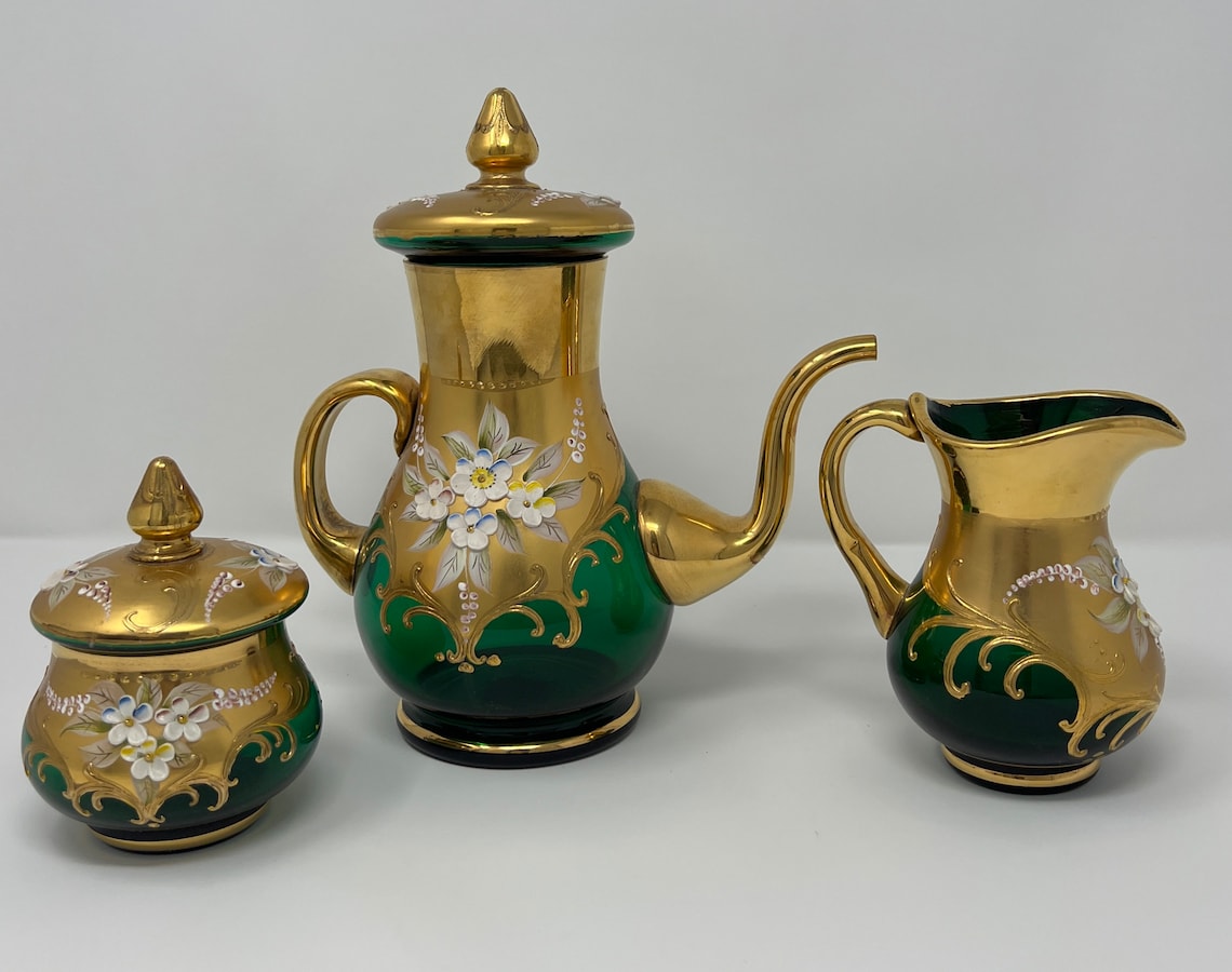 MURANO Glass Tea Coffee Set. 24K Gold. 6 Cups and 6 Plates, Creamer ...