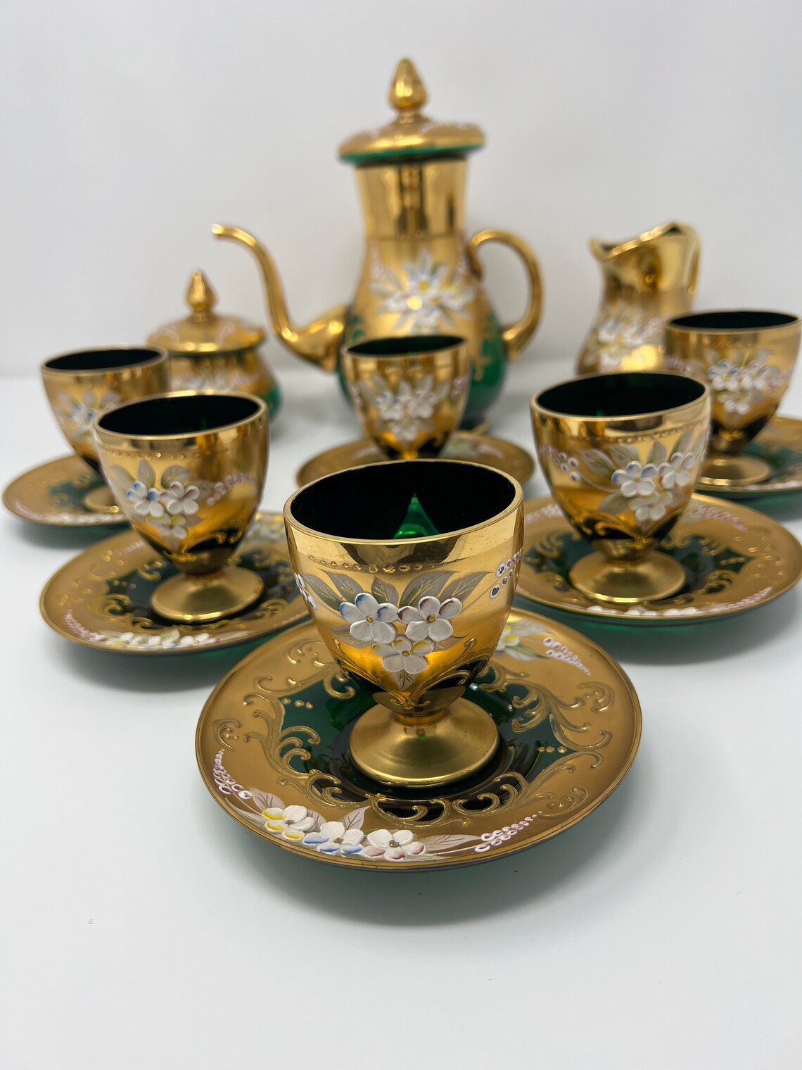 MURANO Glass Tea Coffee Set. 24K Gold. 6 Cups and 6 Plates, Creamer ...
