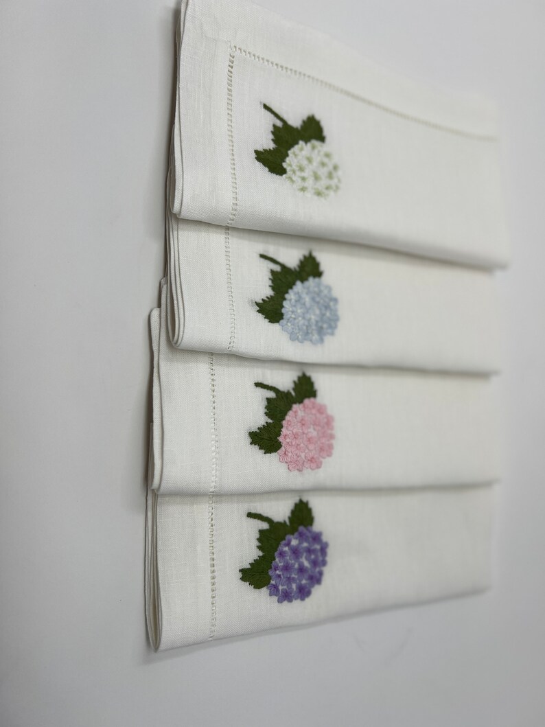 White Linen Hydrangeas Hand Embroidered Napkins - White, Light Blue ...