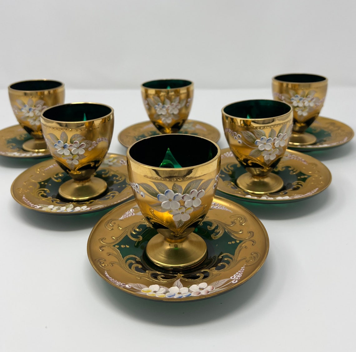 MURANO Glass Tea Coffee Set. 24K Gold. 6 Cups and 6 Plates, Creamer ...