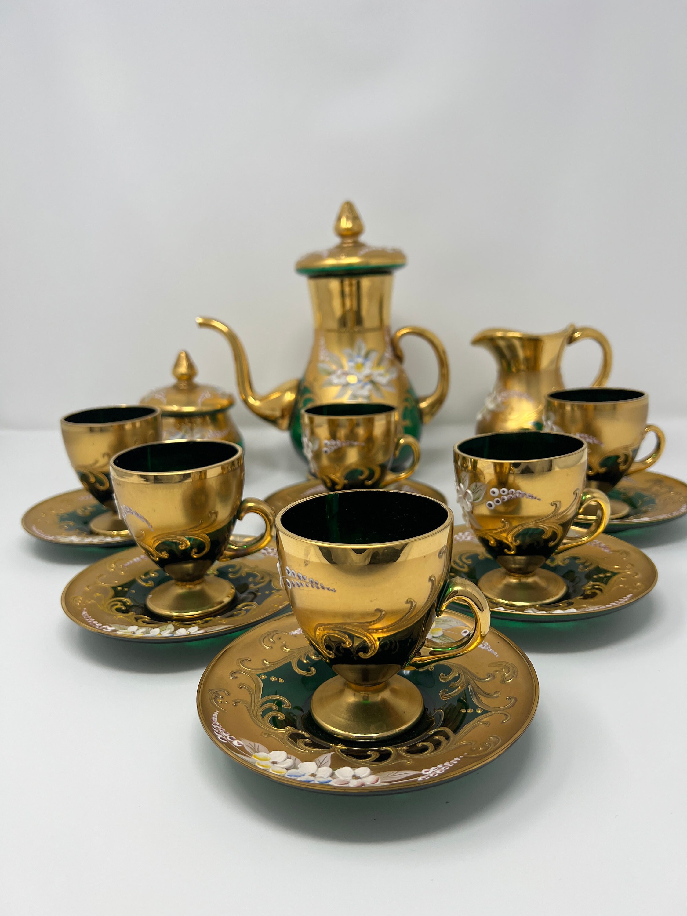 MURANO Glass Tea Coffee Set. 24K Gold. 6 Cups and 6 Plates, Creamer ...