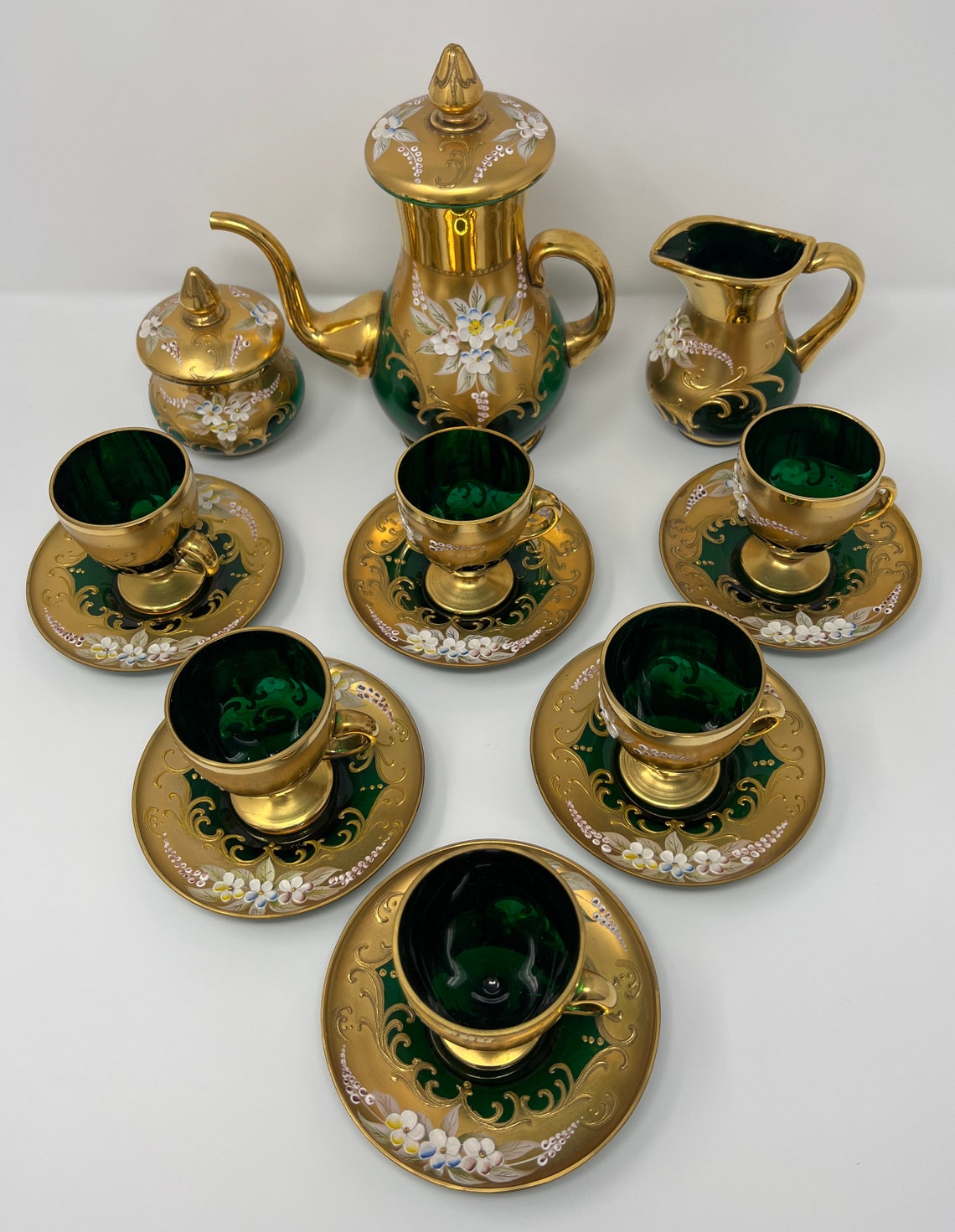 MURANO Glass Tea Coffee Set. 24K Gold. 6 Cups and 6 Plates, Creamer ...