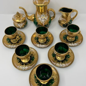 MURANO Glass Tea Coffee Set. 24K Gold. 6 Cups and 6 Plates, Creamer ...