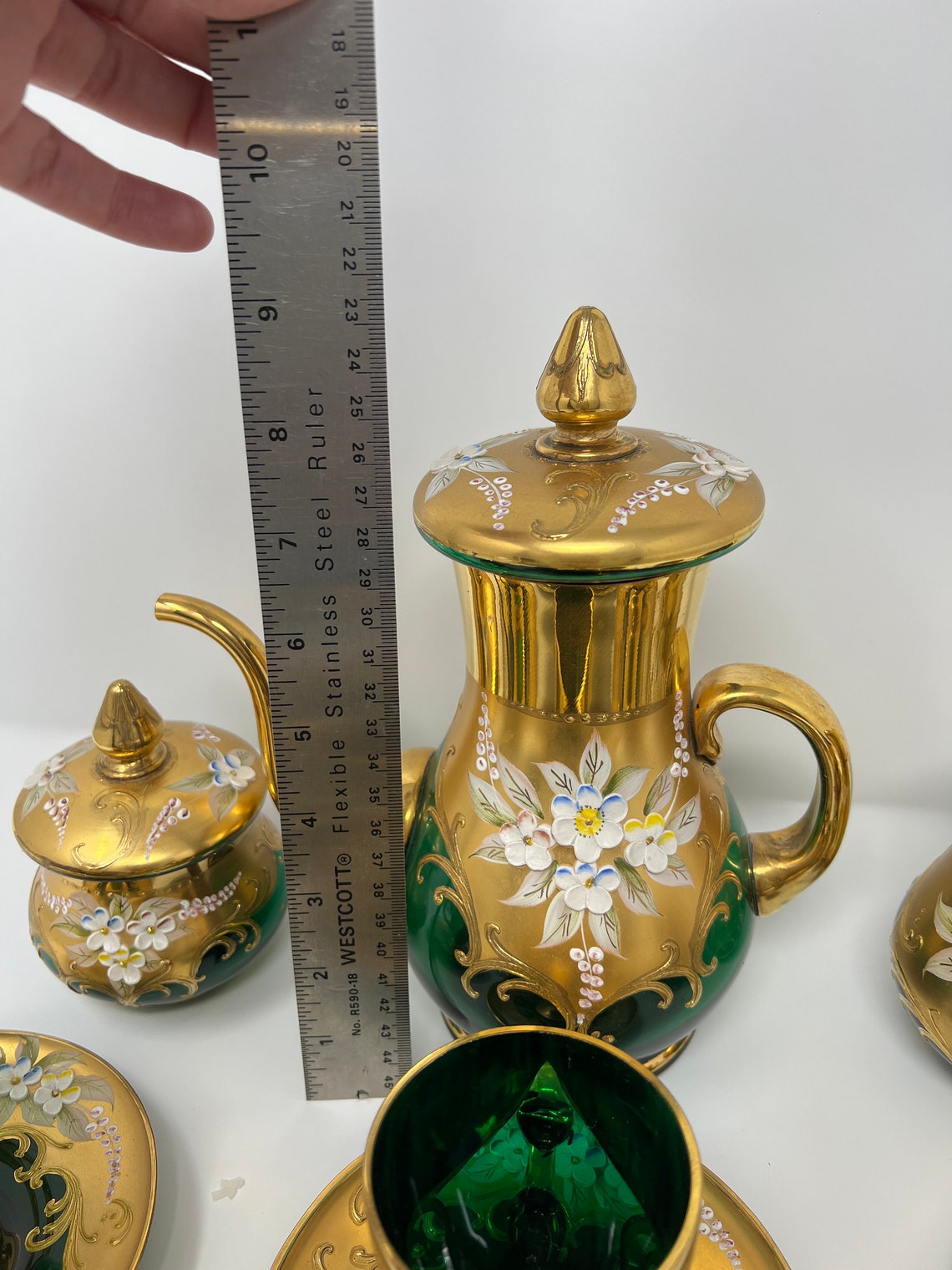 MURANO Glass Tea Coffee Set. 24K Gold. 6 Cups and 6 Plates, Creamer ...