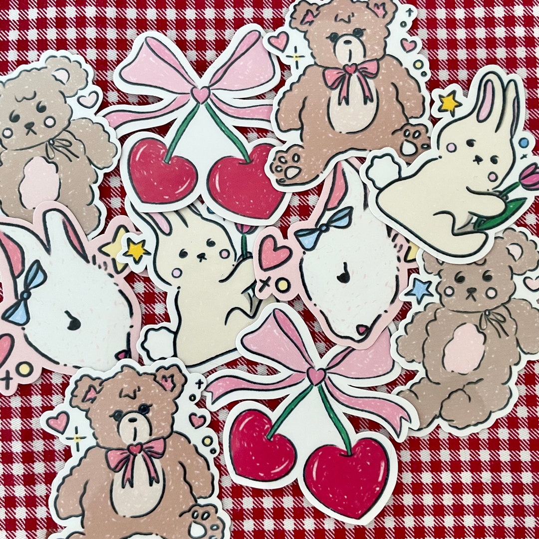 Coquette Vinyl Stickers Teddy Bear, Cherry Hearts, Bunny, Rabbit - Etsy
