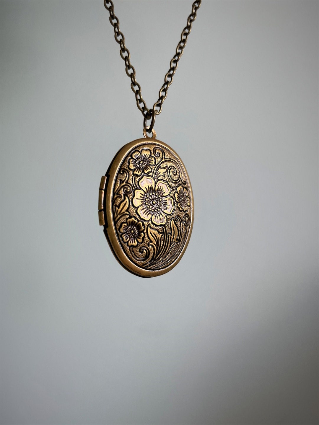 Floral Locket Necklace Bronze Locket, Floral Pendant, Photo Pendant ...