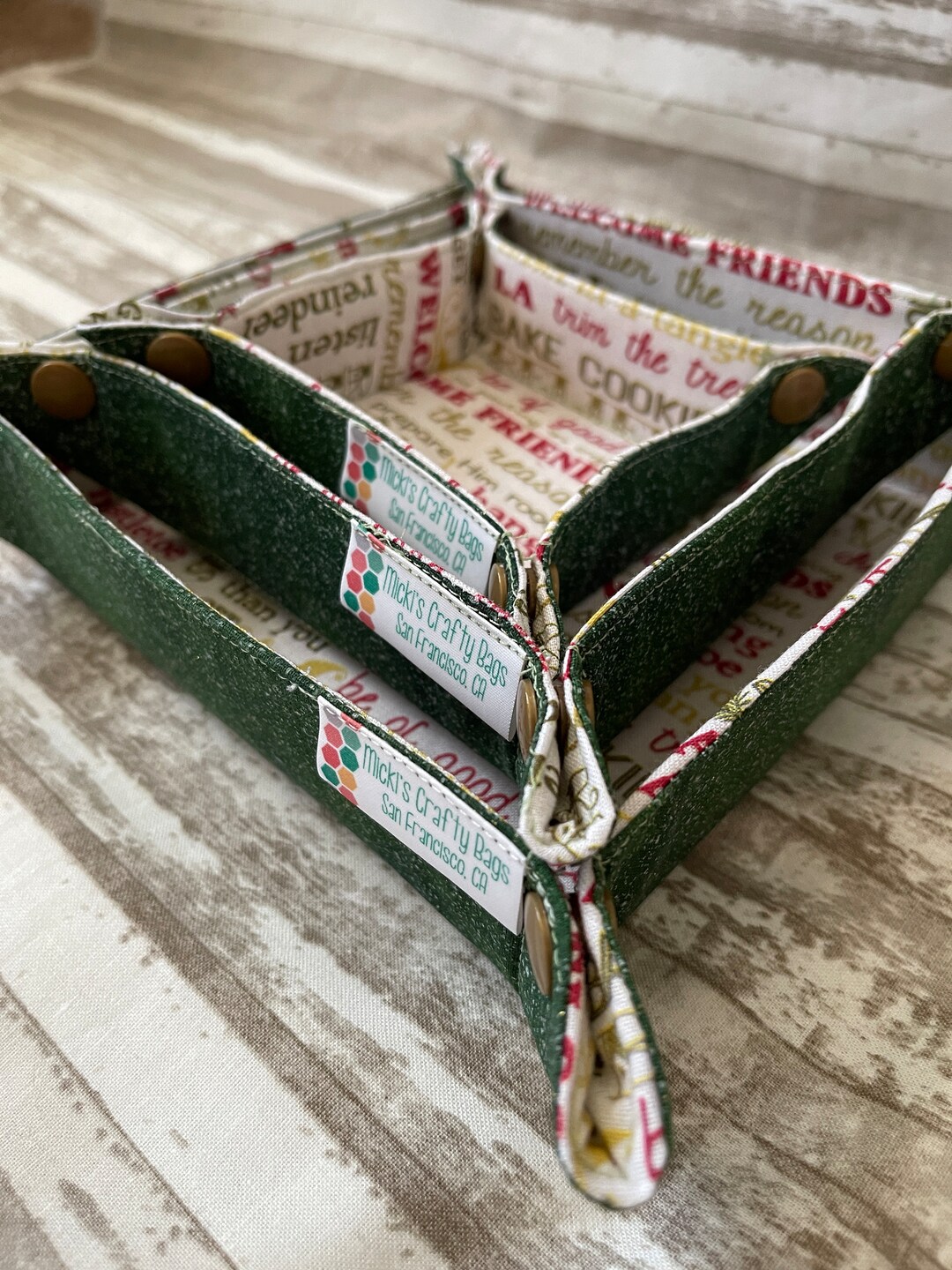 Handmade Christmas Fabric Tray, Holiday Words Print, Snapping Storage ...