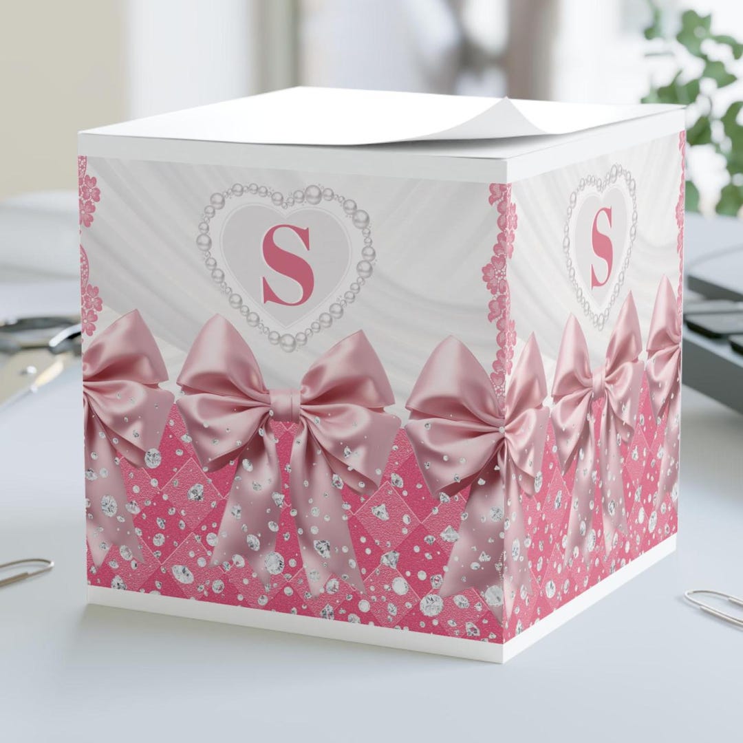 Coquette Rococo Monogrammed Pink Bow, Girly Desk Decor, Sticky Note Gift for Her, Coworker ...