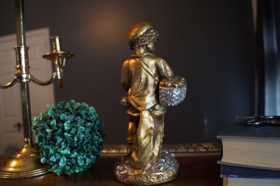 Fall Decor Gold Boy Statue With Apple Basket and Hat Painted Repainted ...