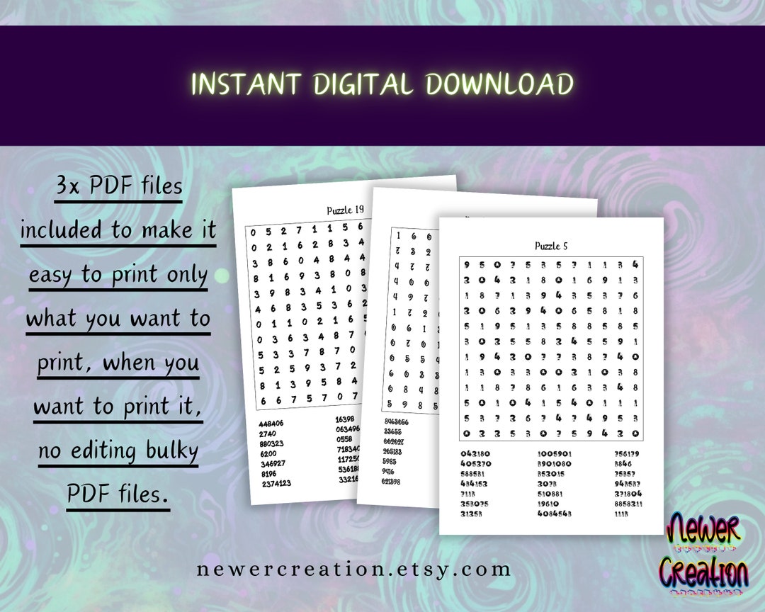 30 Large Print Number Search Printable Puzzles With Solutions - Etsy