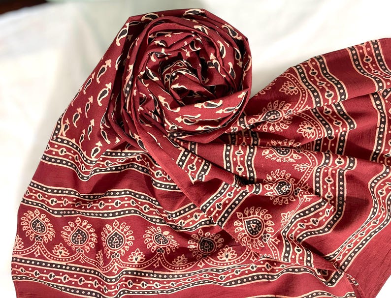 Handmade Sindhi Ajrak Artisan Scarf, Ethnic Plant Dyed Cotton Indian ...