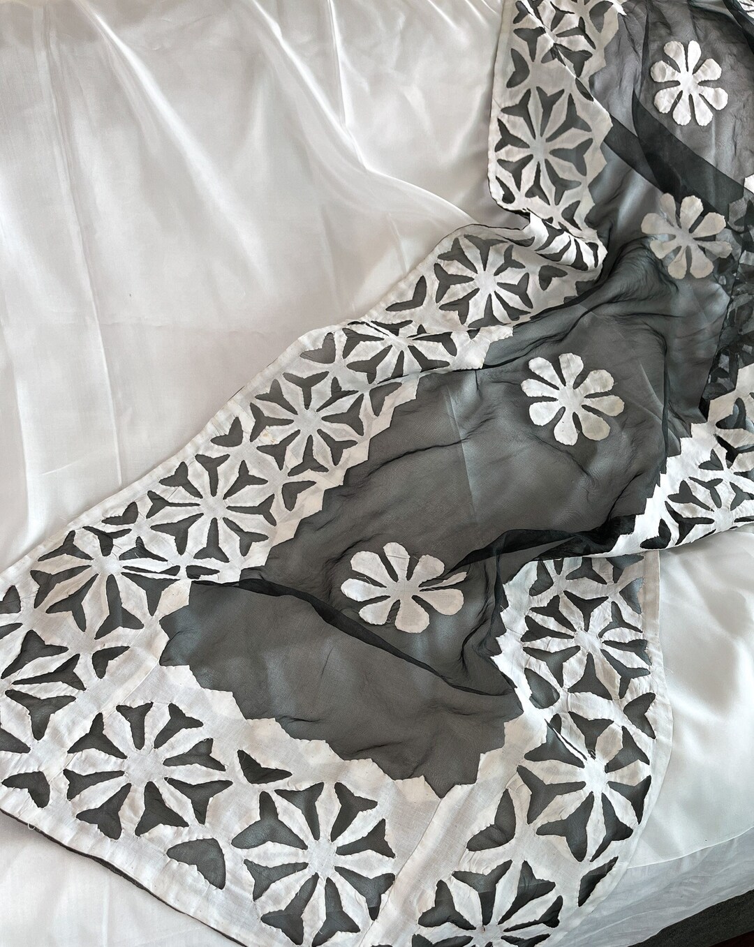 Hand Stitched Black White Scarf With Ralli Pattern Applique ...