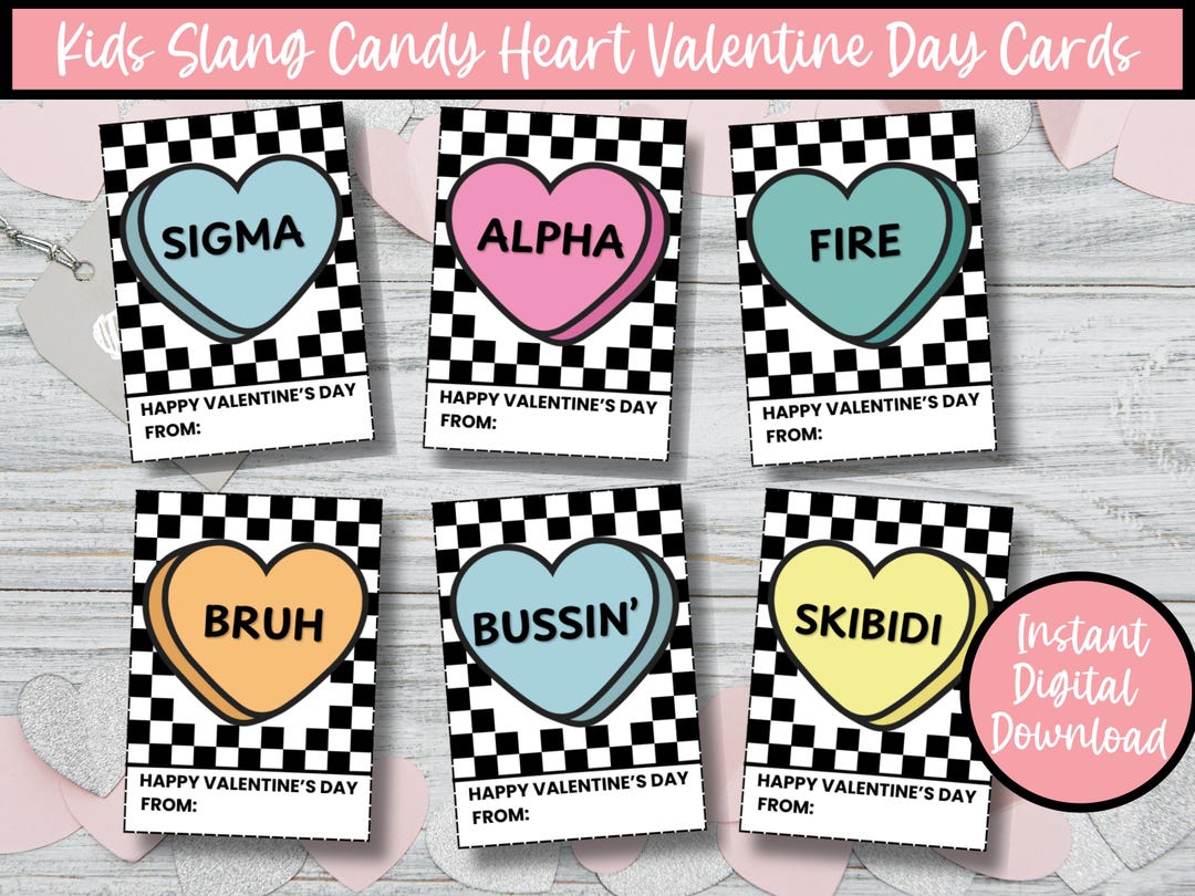 Printable Kids Valentine's Cards Retro Candy Heart Slang Sayings ...