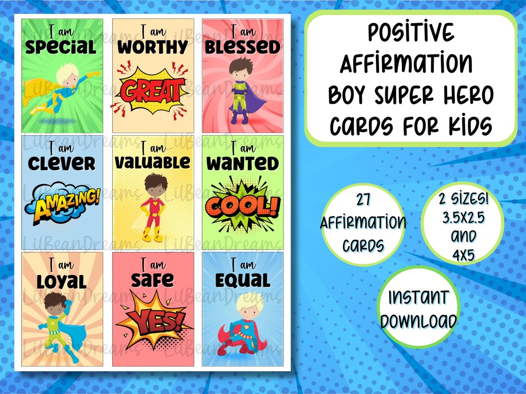 I AM Affirmation Boy Super Hero Cards for Kids 27 Fun Colorful I AM ...