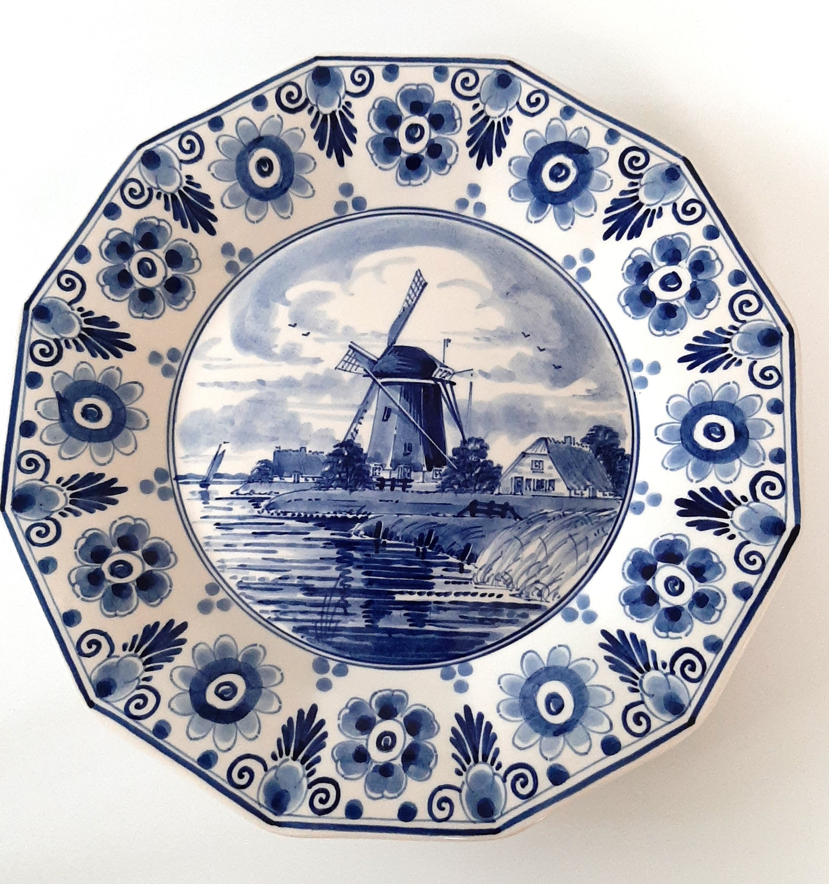 Delft Blue 9 Plate, Vintage, 12 Sided, With Windmill Scene & Floral ...