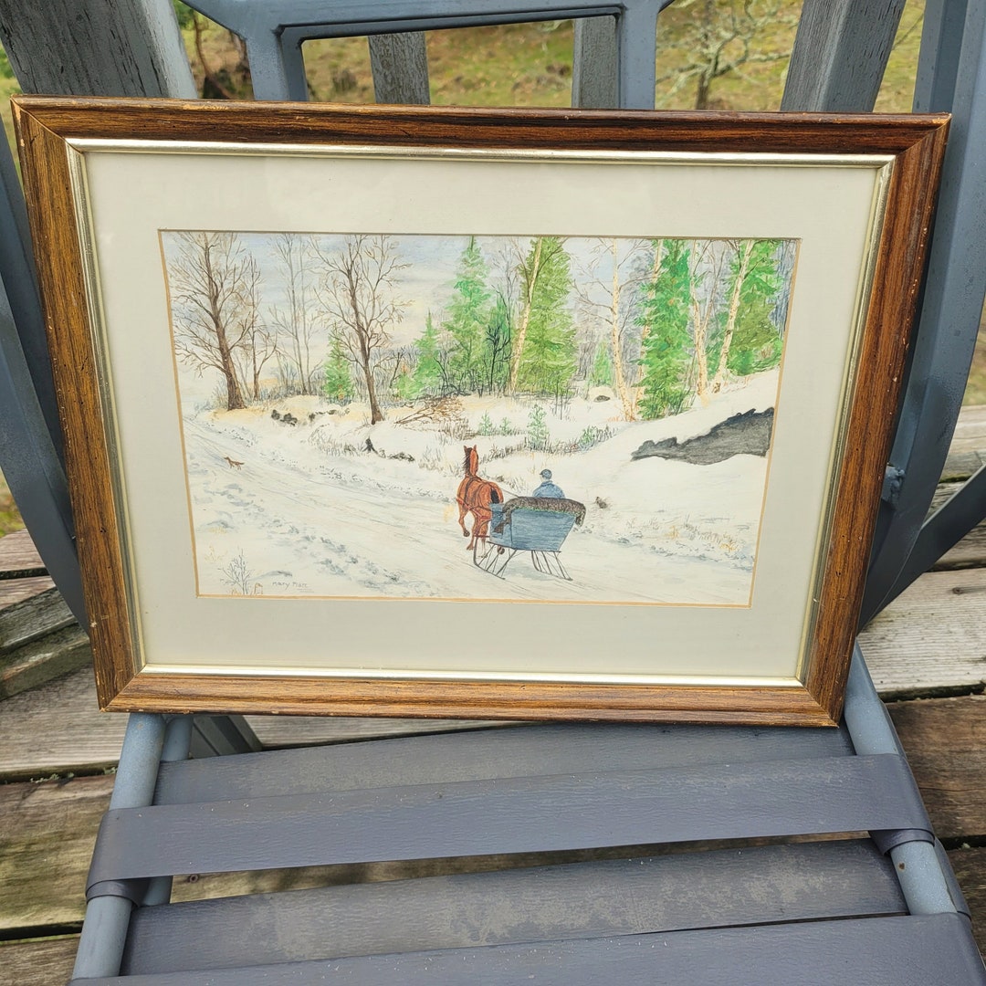 Folk Art Watercolor, Winter Scene, Horse Drawn Carriage, Sleigh Ride ...
