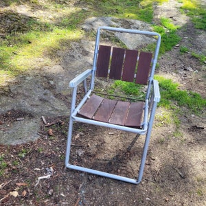 Redwood & Aluminum Slat Lawn Chair, Folding, Vintage MCM Rustic Patio ...