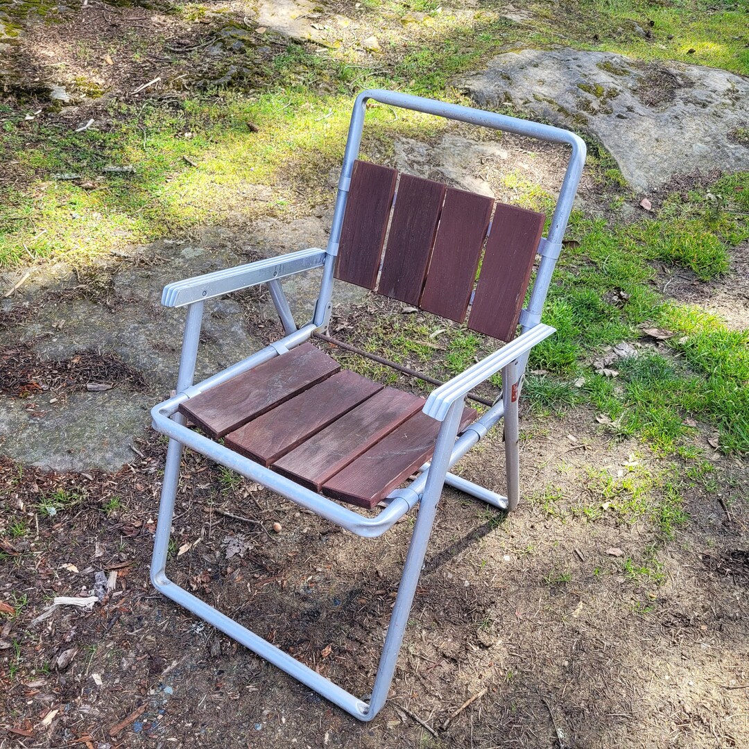 Redwood & Aluminum Slat Lawn Chair, Folding, Vintage MCM Rustic Patio ...