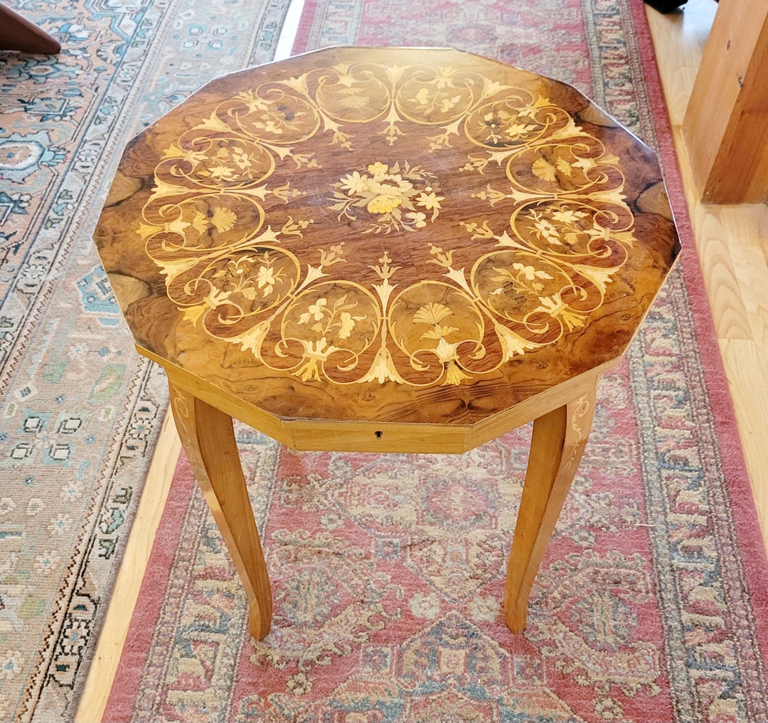Marquetry Inlay Wood Table, Music Box, Jewelry Table Box, All Wood ...