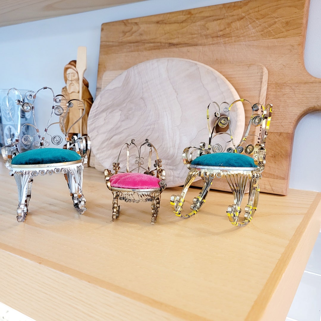 Tin Can Pincushion Chairs Set of 3 Scroll Tramp Art Velvet - Etsy Australia