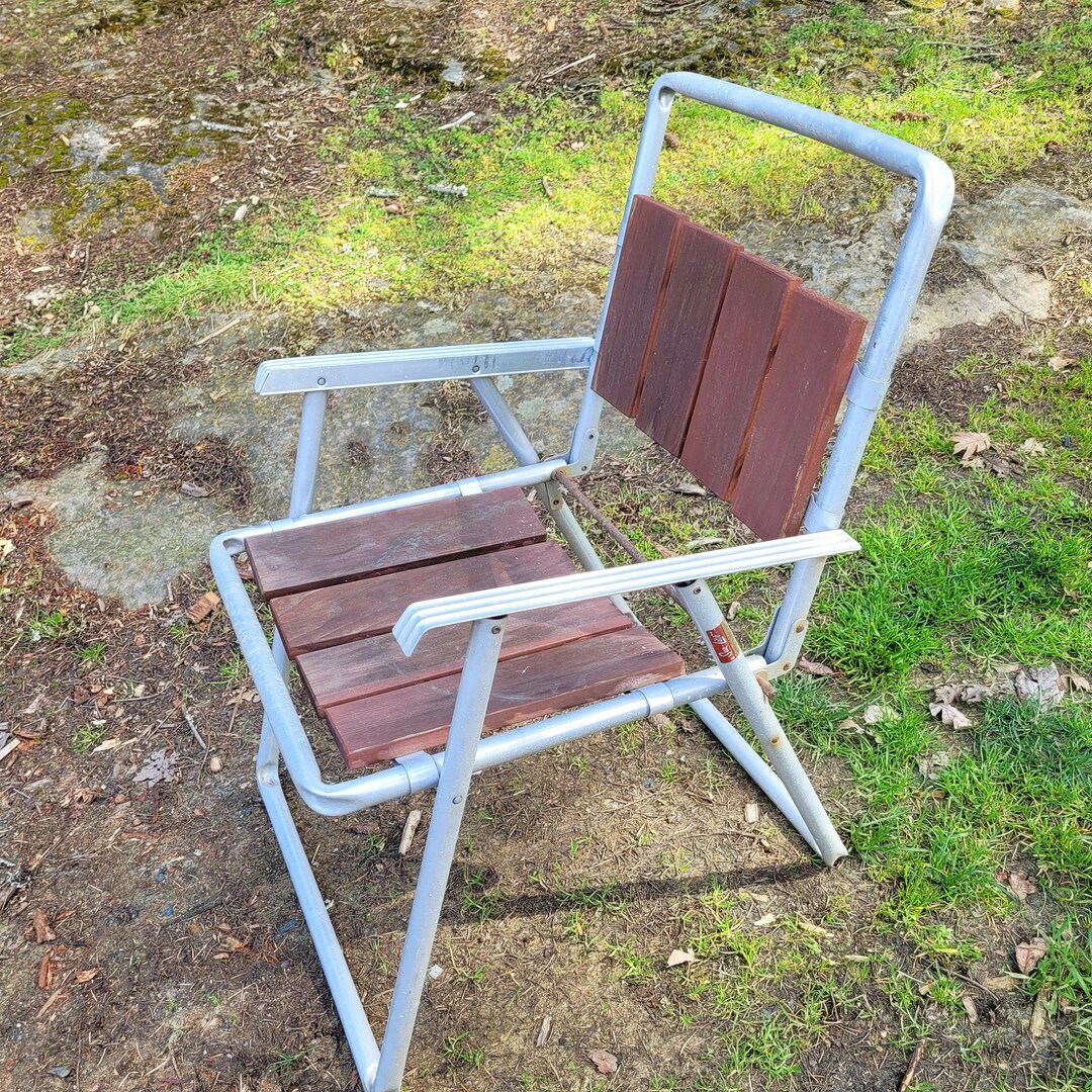 Redwood & Aluminum Slat Lawn Chair, Folding, Vintage MCM Rustic Patio ...