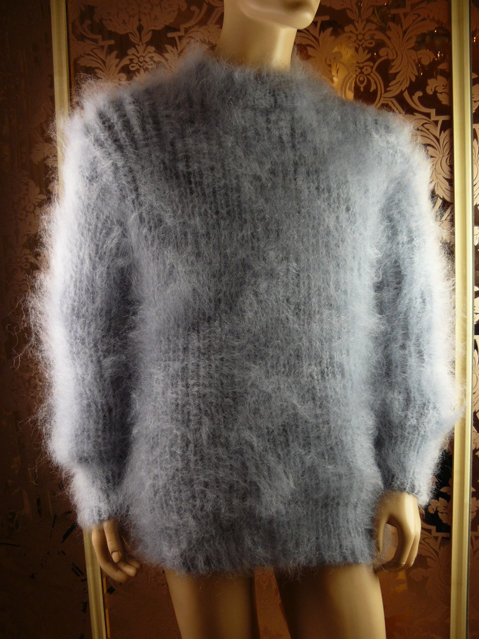 Mohair Handmade Hairy Ribbed Bluish Gray Mock Neck Pullover Sweater ...