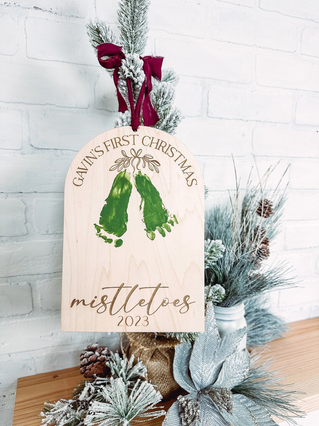 Personalized Baby's First Christmas Footprint Sign - Mistletoes - Baby ...