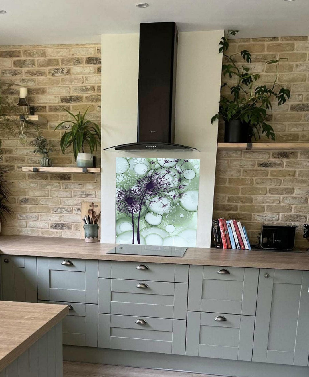 Dandelion Tempered Glass Kitchen Splashback: Olive Green Wall Panel ...